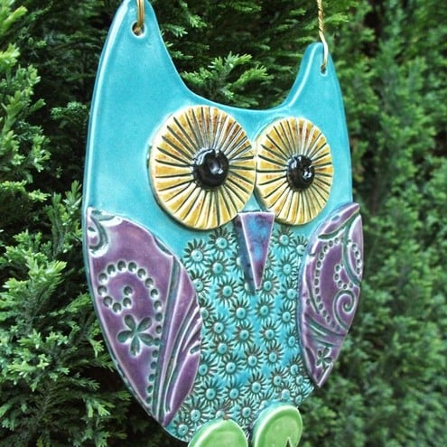 Ceramic owl hanging decoration blue - Folksy