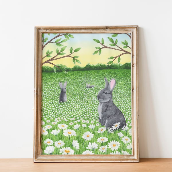 Wild rabbits in a field of daisies spring art p... - Folksy