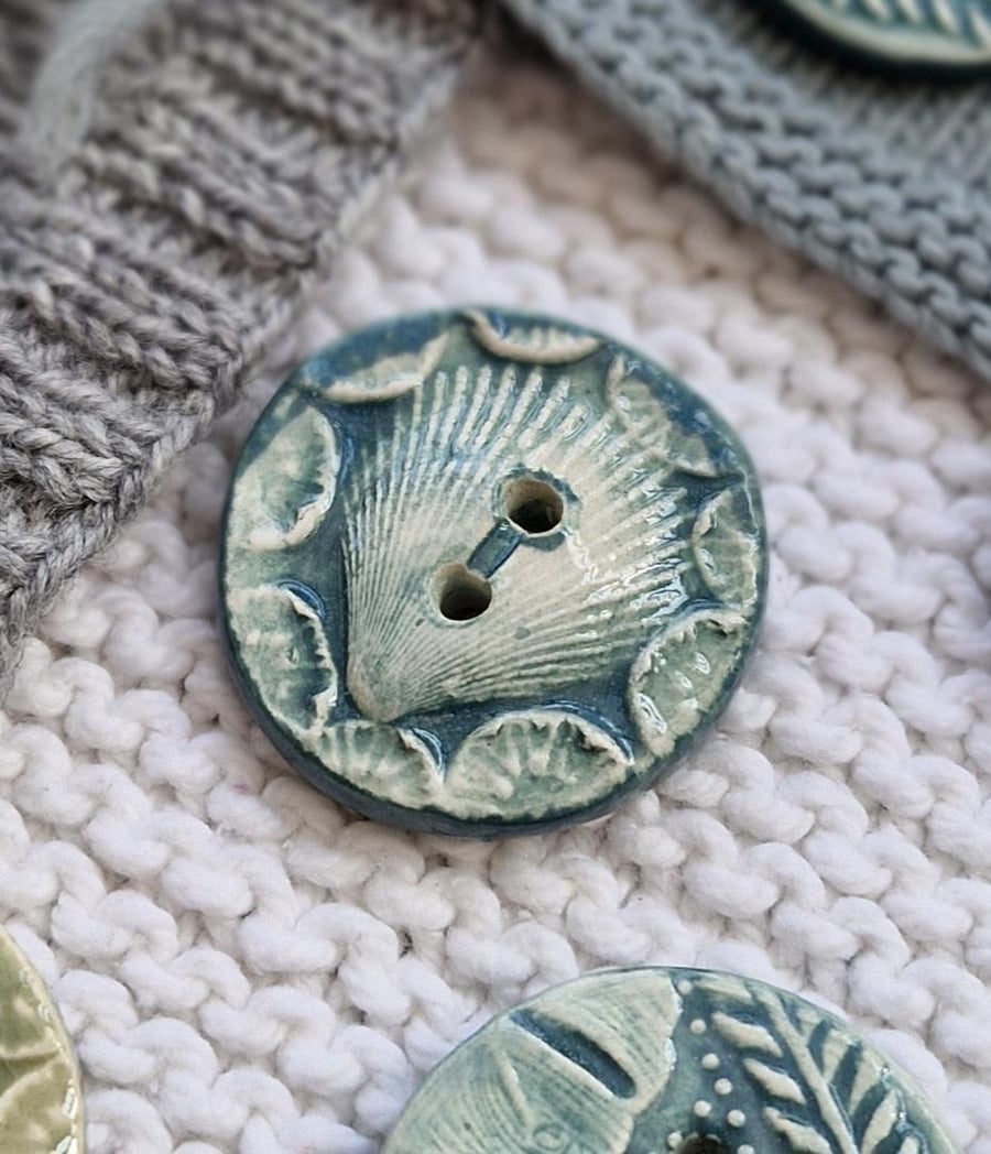 Large blue green seashell 3d embossed button - Folksy