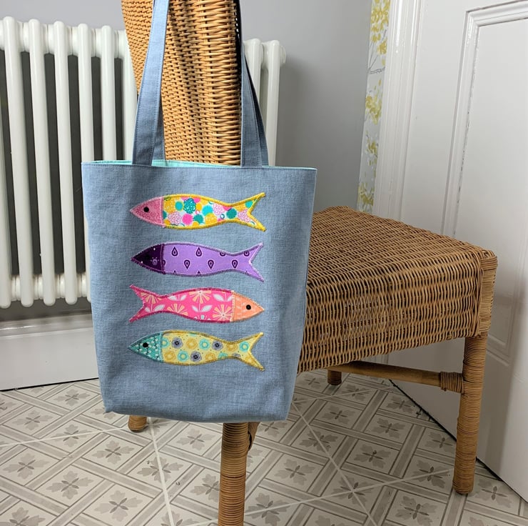 Fish tote bag with four bright colourful fish - Folksy