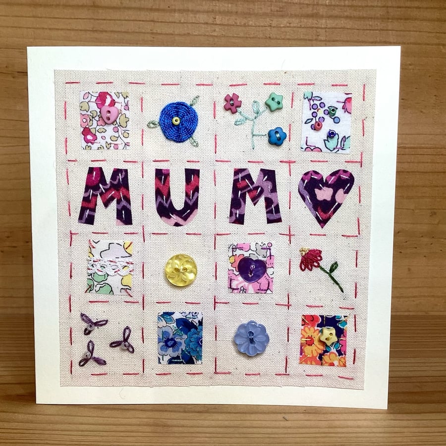 Patchwork style hand embroidered Mum card - Folksy