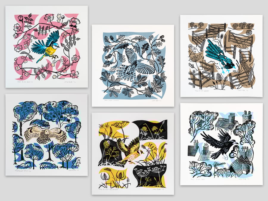 Set of all six Take Flight hand printed linocut... - Folksy