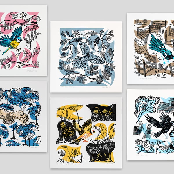 Set of all six Take Flight hand printed linocut... - Folksy