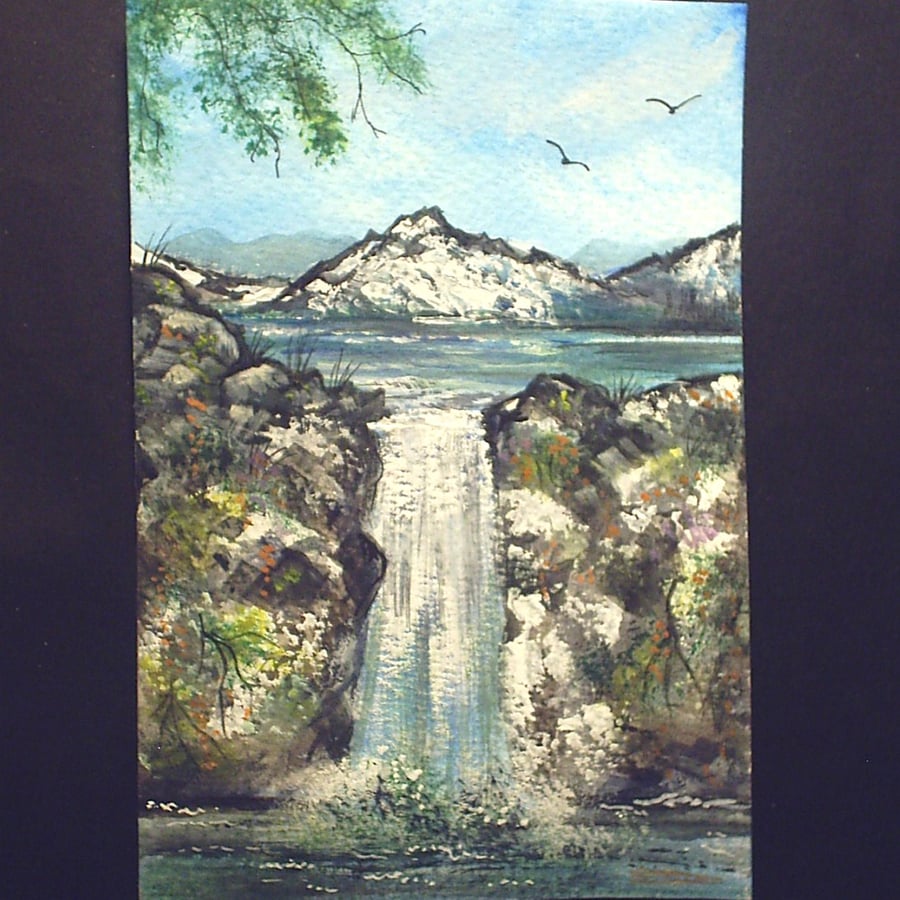 postcard size original waterfall painting - Folksy