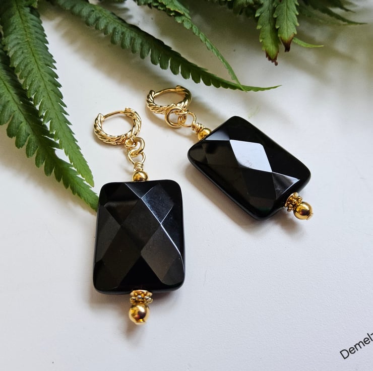 Black Onyx Gold Plate Huggie Earrings - Folksy