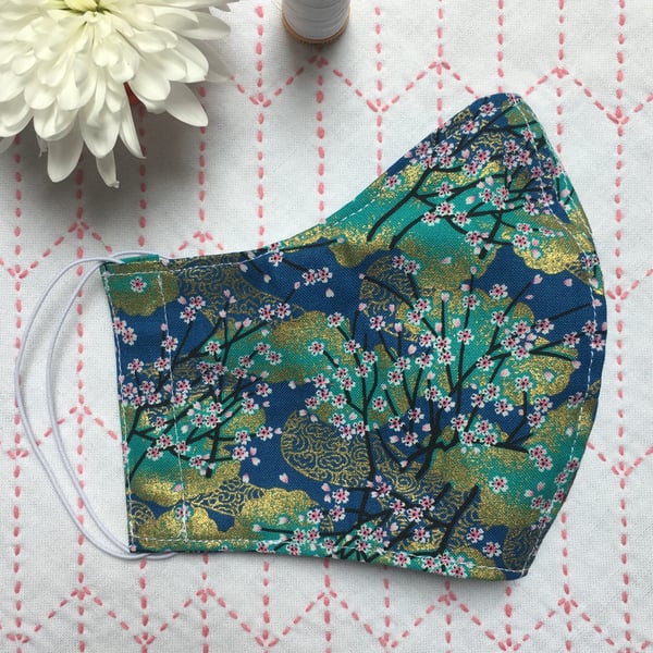 Turquoise Japanese Blossoms Cotton Face Mask Re... - Folksy