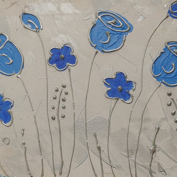 Blue and Silver Poppies & Roses Absract... - Folksy