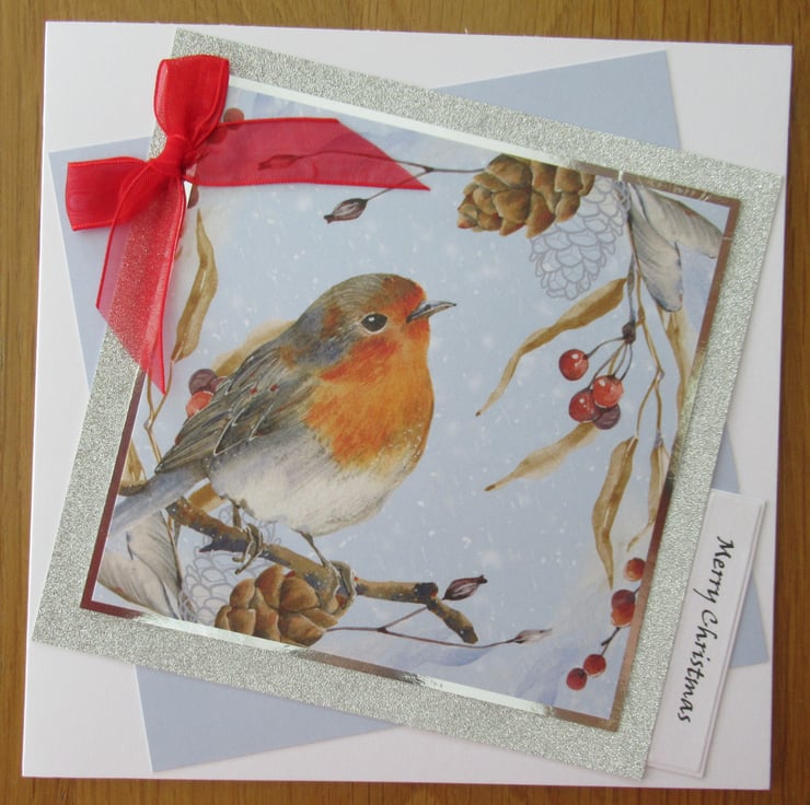 7x7" Robin on a Branch - Christmas Card - Folksy