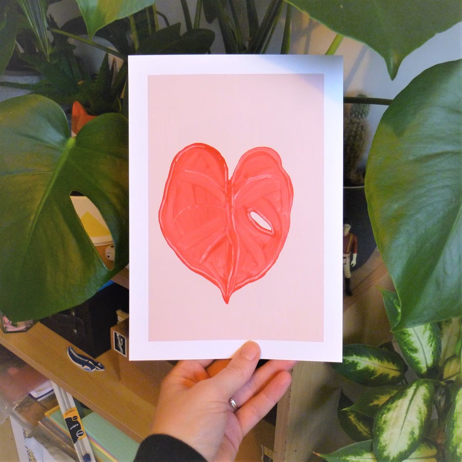 Red Monstera Leaf Painting - Original A5 Painting - Folksy