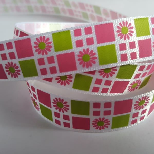 3m Ribbon - Printed Satin - 16mm - Pink & G... - Folksy