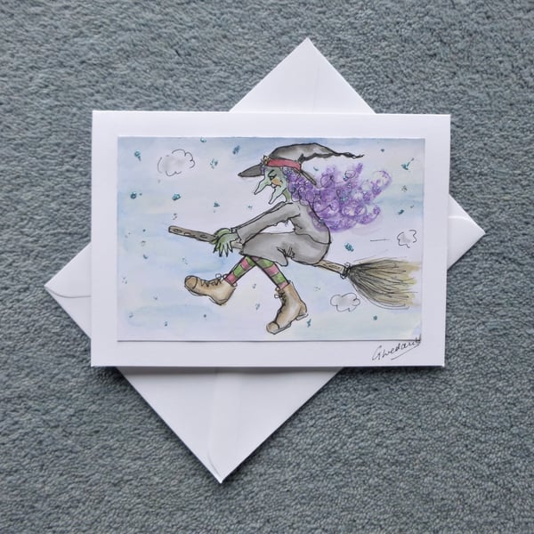 hand painted cartoon witch card ( ref F 301 ) - Folksy