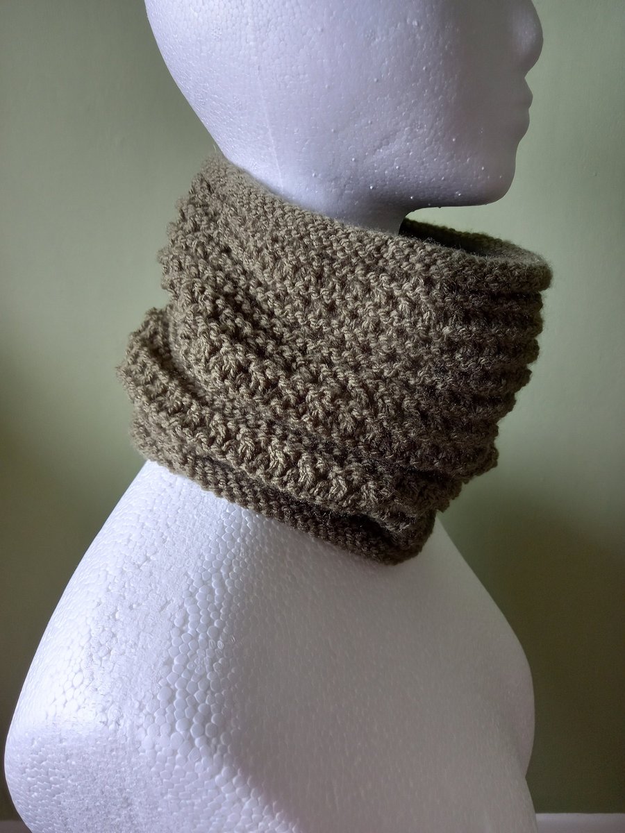 Khaki Cowl Hand Knitted in Acrylic Aran Yarn - Folksy