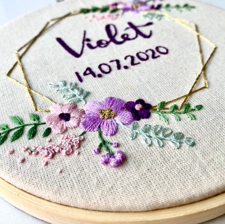 Name and Date Handmade Embroidery Hoop with Flo... - Folksy