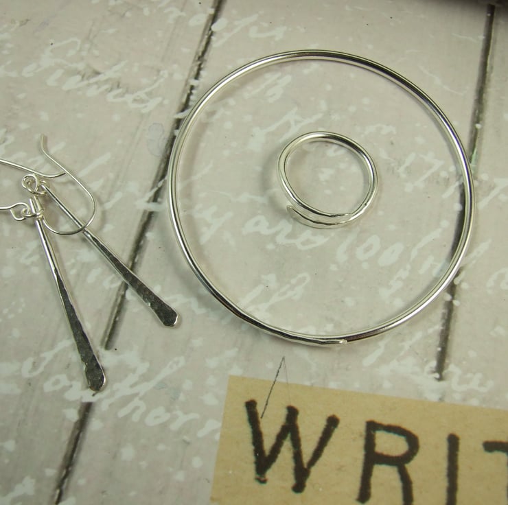 Silver Simple Hammered Jewellery Set. Bangle, E... - Folksy