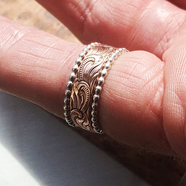 Beautiful Patterned Copper Ring with Two Sterli... - Folksy