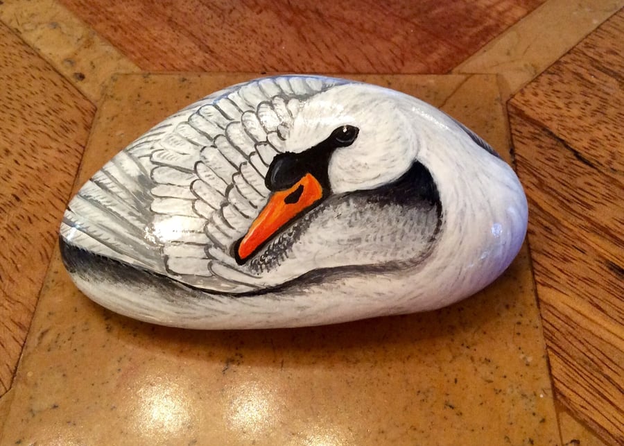 Swan hand painted on rock stone cobble - Folksy