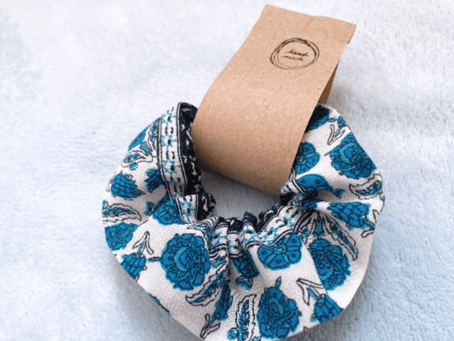 Blue scarf print scrunchie, boho hippy design, ... - Folksy