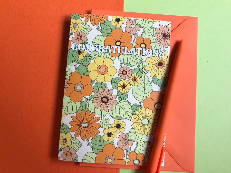 Congratulations Retro Floral Greeting Card - A6... - Folksy