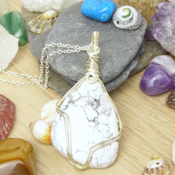 White Crystal Pendant, Howlite Necklace, Wire W... - Folksy