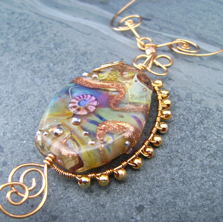 Ocean Gold Wire Work Lampwork Pendant - Folksy