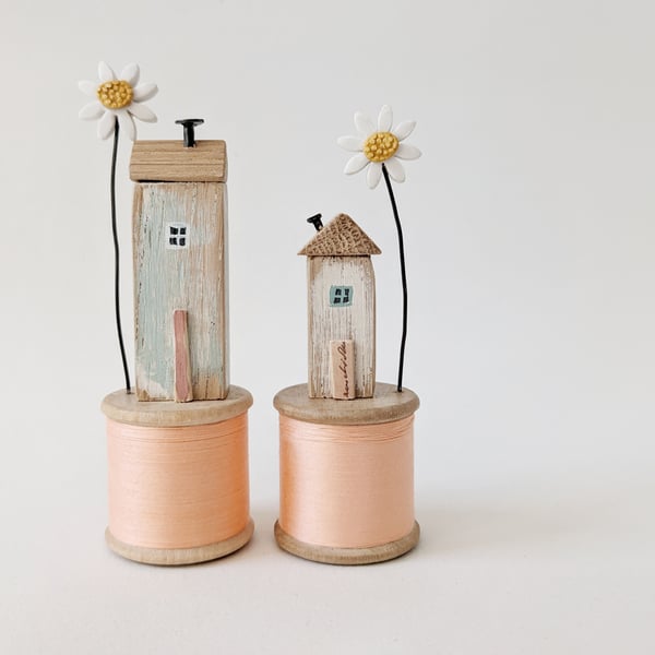 Wooden House on a Vintage Bobbin with Clay Daisy - Folksy