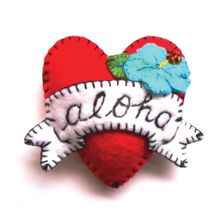Hot Red ALOHA Heart Shape Handmade Felt Brooch ... - Folksy