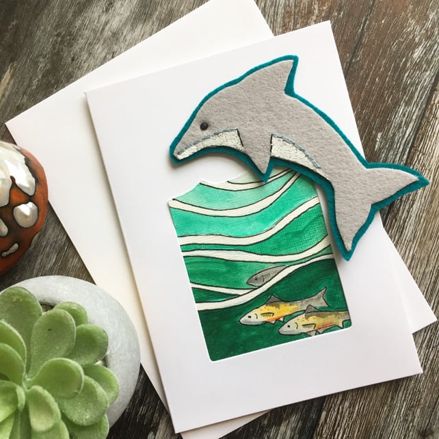 ON SALE: Dolphin card, leaping dolphin, handmad... - Folksy