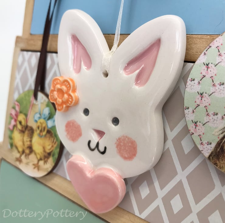 Ceramic Easter Bunny decoration with orange flower - Folksy