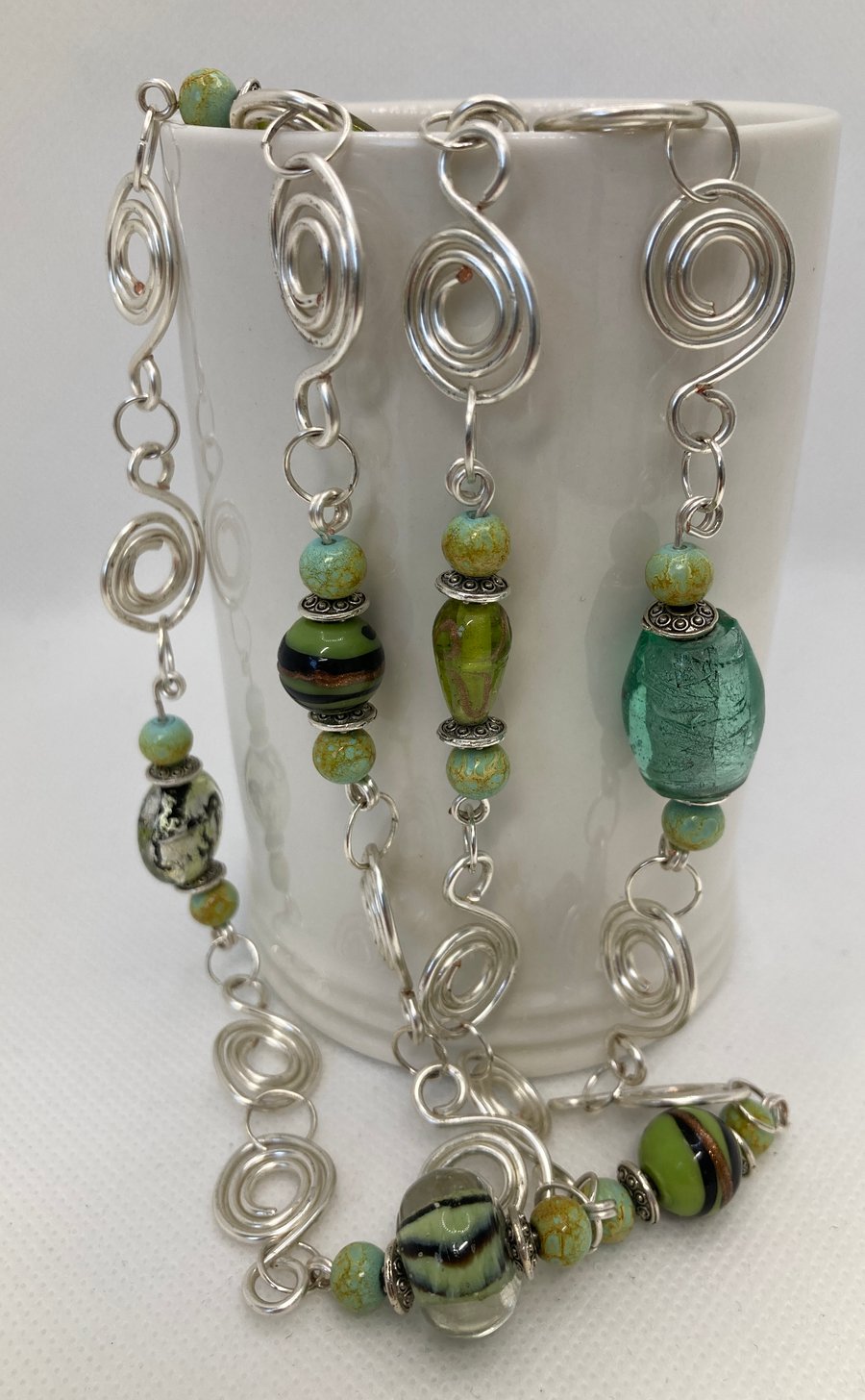 Long Green Beaded Necklace - Folksy