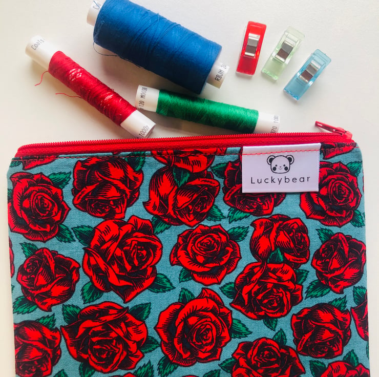 Fifties-style rose print zip pouch, bold floral... - Folksy