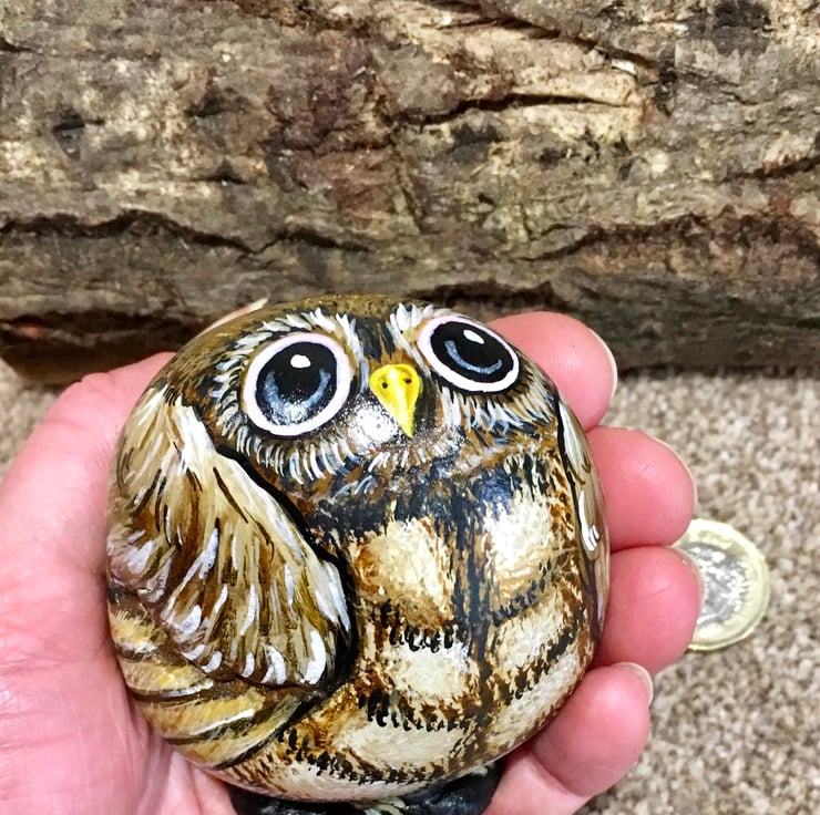 Owl hand painted pebble garden bird rock stone ... - Folksy
