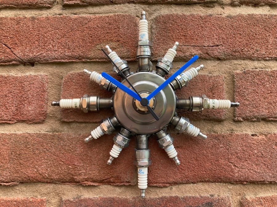 Sunburst Wall Clock, Upcycled Spark Plugs - Folksy