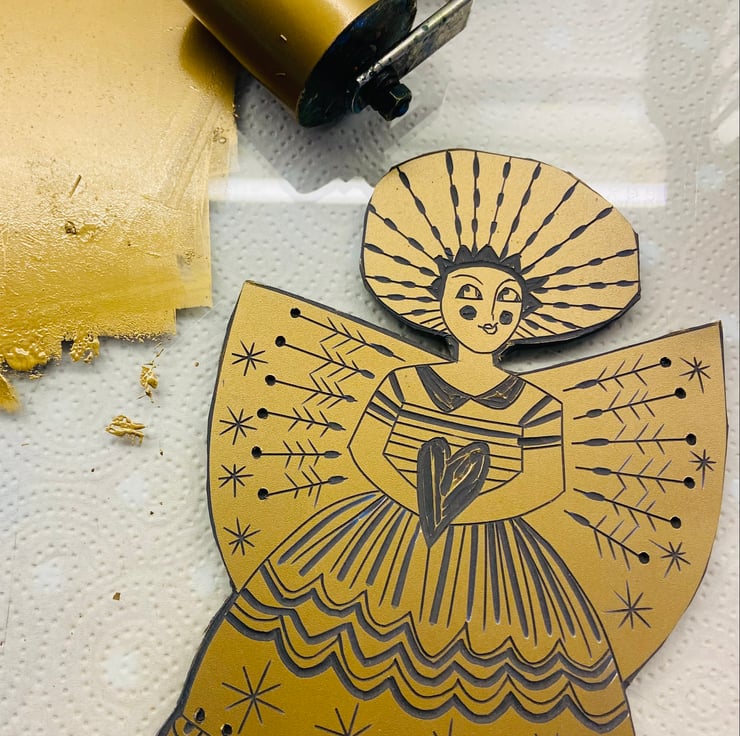 Angel of Hearts, linocut artwork - Folksy