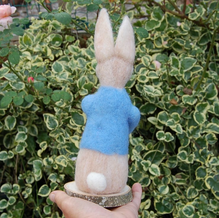 Needle felt rabbit in blue jacket holding a carrot - Folksy