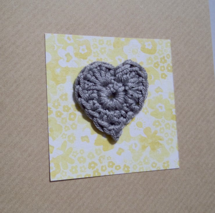 Crochet Heart Card - Grey and Yellow - Folksy