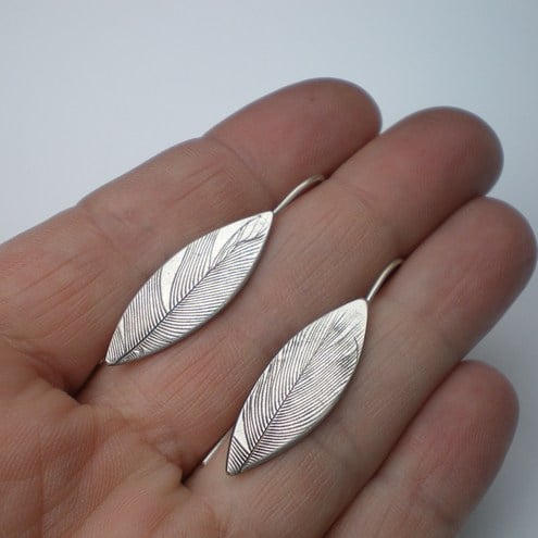 Feather Imprint Long Silver Earrings - Folksy