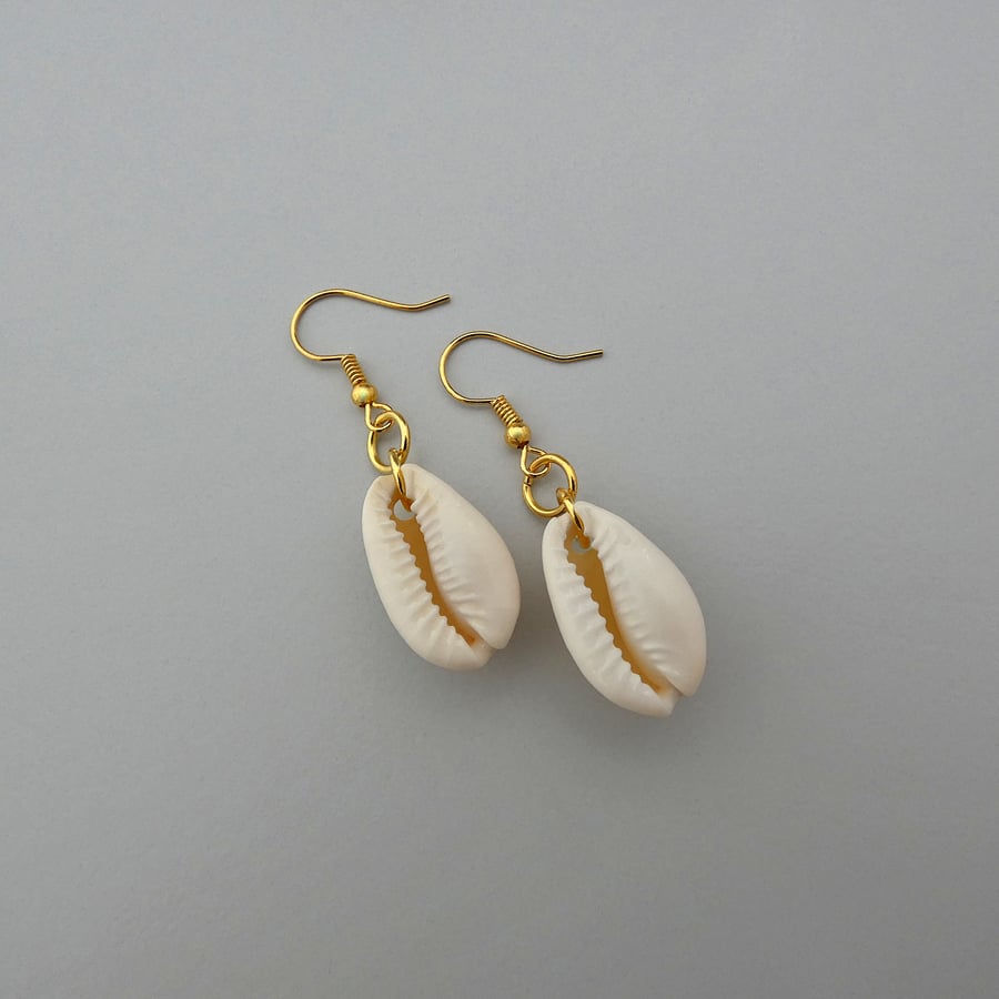 Gold plated cowrie shell earrings for pierced e... - Folksy