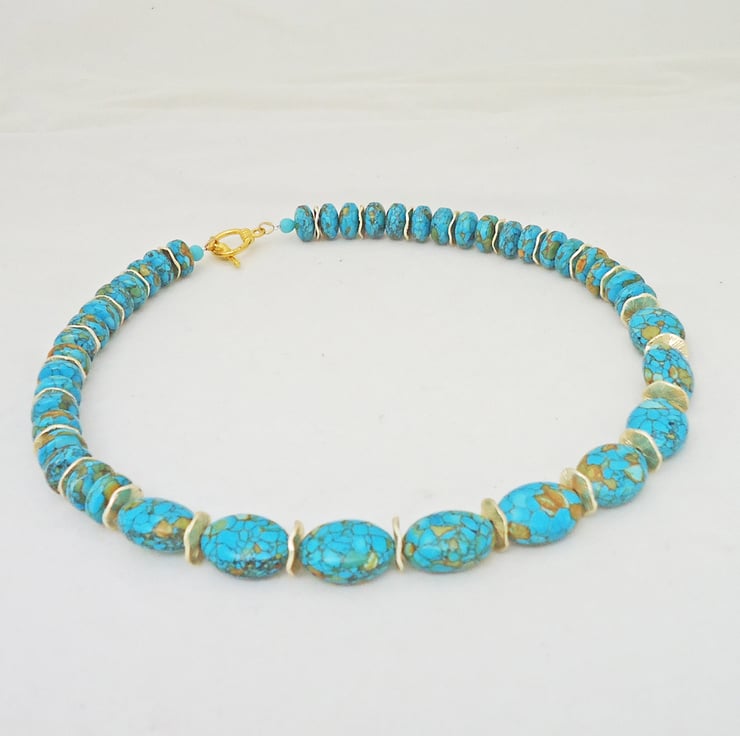 Howlite Necklace with Gold Disk, Blue and Gold ... - Folksy