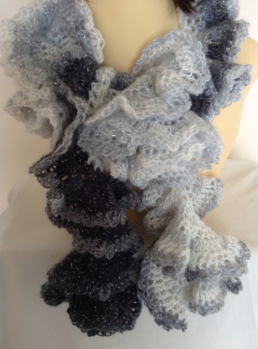 Crochet Frilly Scarf in Shades of Grey - Folksy