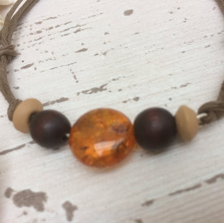 Copal Amber Cord Bracelet with Wood Beads - Folksy