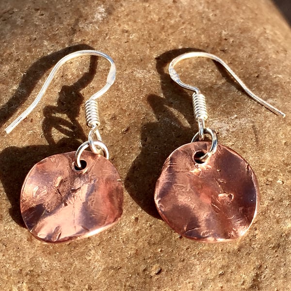 Textured Copper Disc Drop Earrings - UK Free Post - Folksy