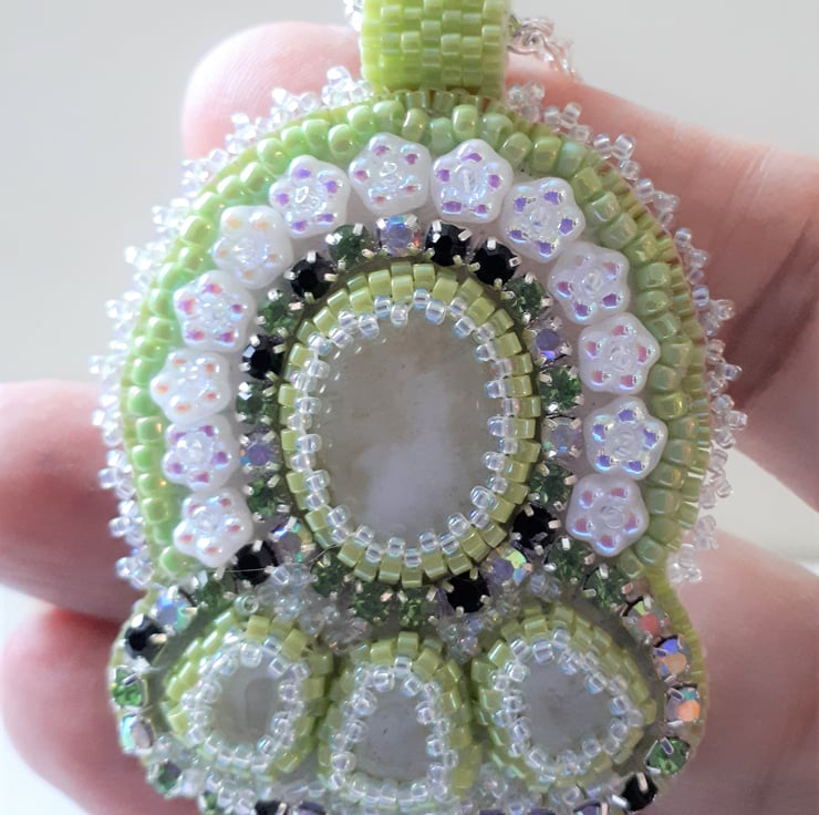 Bead embroidered Green West German Glass caboch... - Folksy