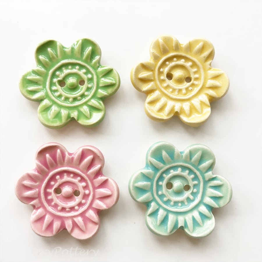 Set of four flower shaped ceramic handmade buttons - Folksy