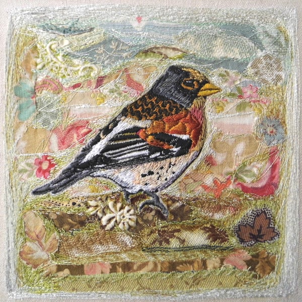 Brambling - Mounted Original Embroidery Collage - Folksy