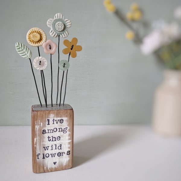 Clay Flower and Button Garden in a Wood Block '... - Folksy