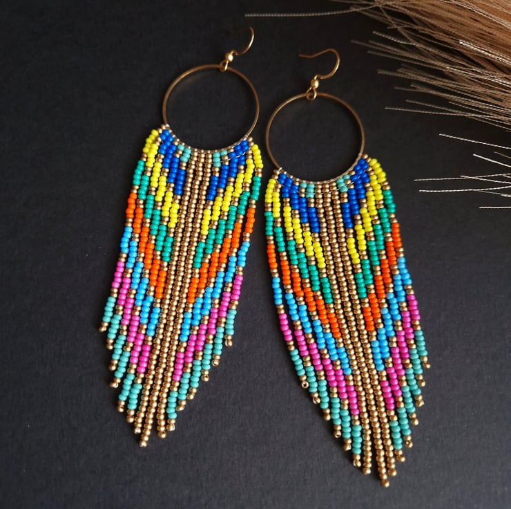 Colourful beaded dangle earrings, long seed bea... - Folksy