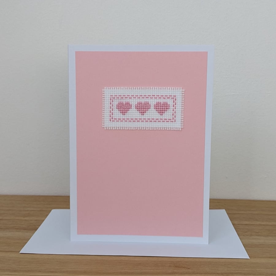 Three hearts card - Pastel pink cross stitch - Folksy