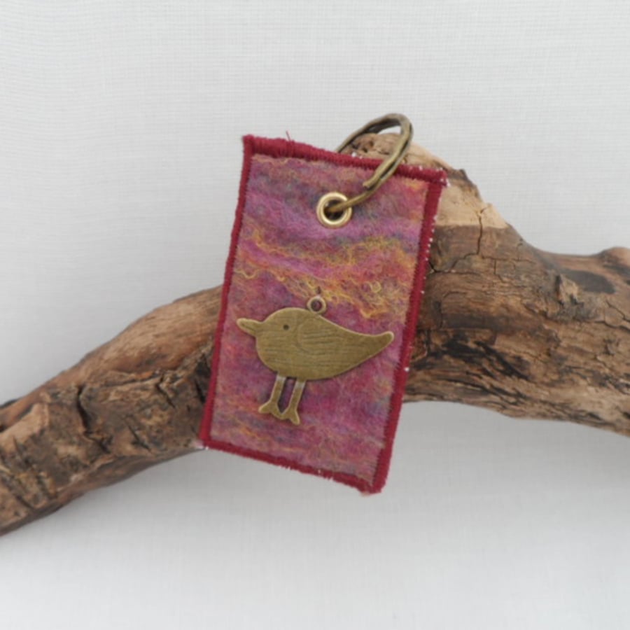 Felted key ring - pink with bird - Folksy