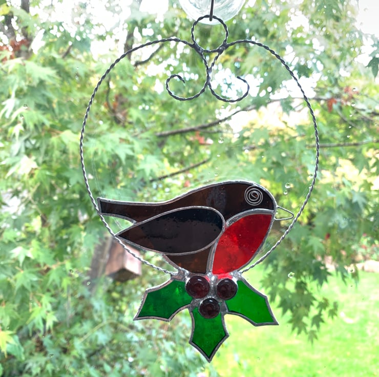 Stained Glass Robin and Holly Suncatcher - Hand... - Folksy