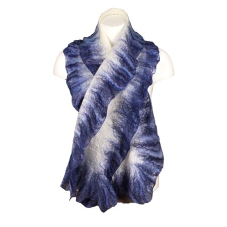 Nuno felted scarf with blue ruffled border , me... - Folksy